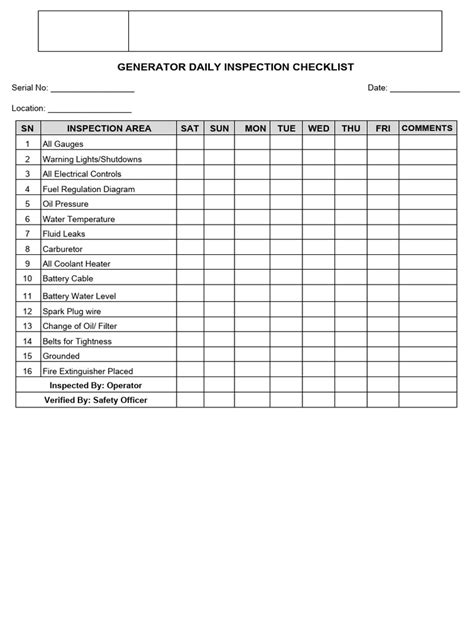 19 Generator Daily Inspection Checklist Pdf