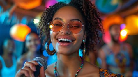 Premium Photo Woman Wearing Sunglasses Holding Microphone
