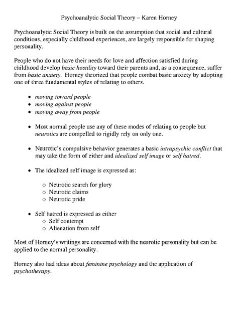 Horney And Psychoanalytic Social Theory Psychoanalytic Social Theory