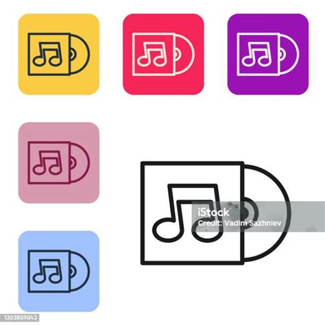 흰색 배경에 격리 된 검은 줄 비닐 디스크 아이콘 색상 정사각형 단추로 아이콘을 설정합니다 벡터 Dj에 대한 스톡 벡터 아트 및