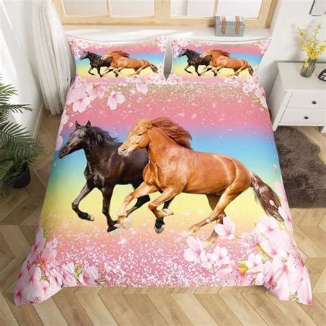 Filles Cheval Parure De Lit 140X200Cm Chevaux Rose Floral Housse De