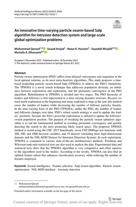 An Innovative Time Varying Particle Swarm Based Salp Algorithm For Intrusion Detection System
