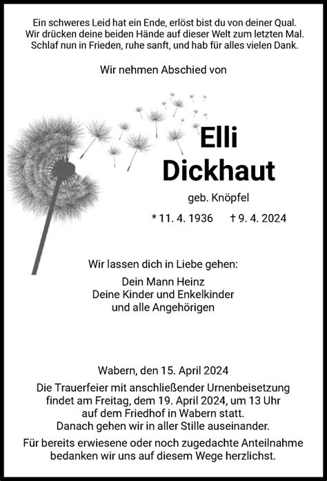 Traueranzeigen Von Elli Dickhaut Trauer HNA De