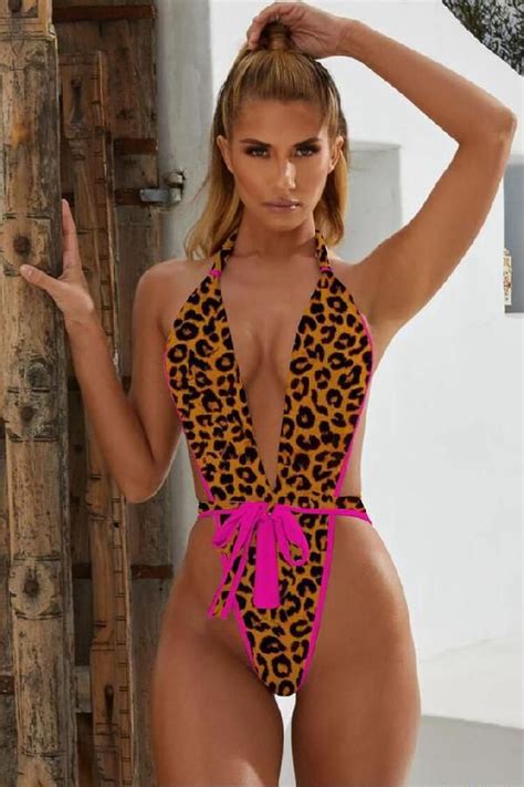 One Piece Leopard High Leg Deep V Neck Halter Swimsuit V Neck Dresses