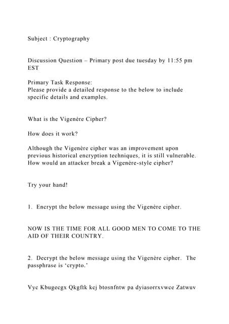 subject cryptographydiscussion question primary post due t docx