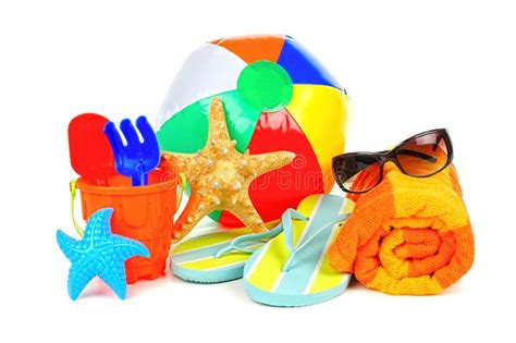Flip Flops And Summer Beach Objects On White Background Stock Photo