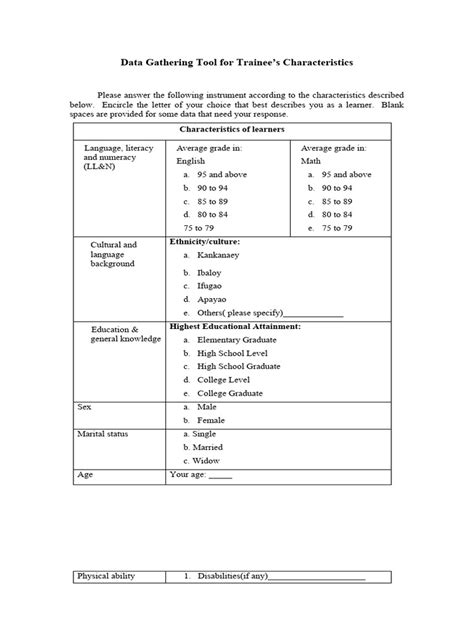 Sample Data Gathering Tool For Tra Pdf Learning Learning Styles