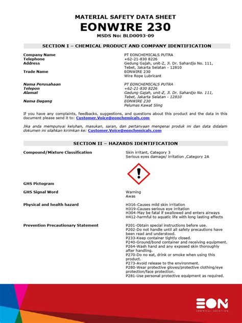 Eon Wire 230 Msds Pdf Occupational Safety And Health Physical