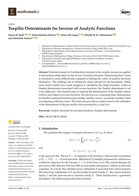 Pdf Toeplitz Determinants For Inverse Of Analytic Functions