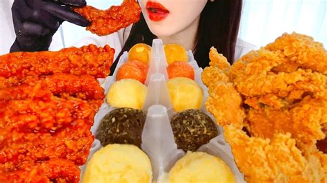 Asmr 치즈볼 양념 후라이드 반반치킨 먹방 Cheese Balls Spicy Fried Korean Chicken Eating