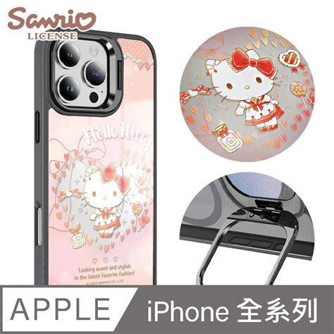 Apbs 三麗鷗 Iphone 16151413系列 軍規防摔合金框隱形立架鏡面磁吸手機殼 甜心凱蒂 黑框 Pchome 24h購物