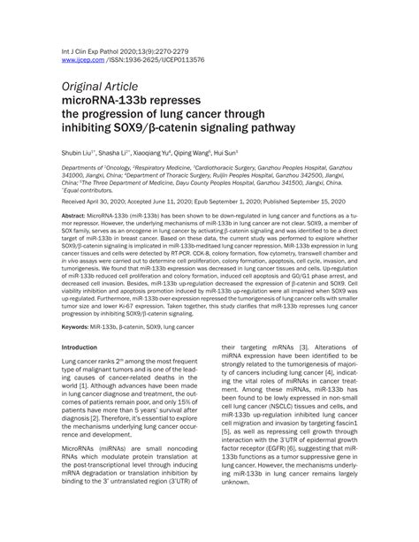 Original Article Microrna 133B Represses The Progression Of Lung Cancer