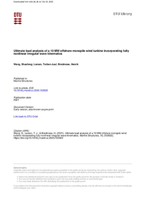 Pdf Ultimate Load Analysis Of A 10 Mw Offshore Monopile Wind Turbine Incorporating Fully