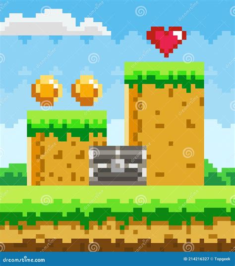 Pixel Art Game Scene With Green Grass Platform Metal Chest On