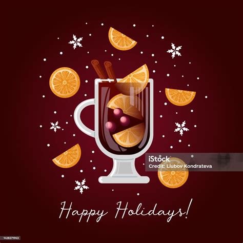 겨울 음료 오렌지 조각 크랜베리 및 계피 스틱을 곁들인 멀드 와인 눈송이 메뉴 카페 엽서 포스터 스티커에 대한 벡터 음식 일러스트 레이 션 0명에 대한 스톡 벡터 아트 및