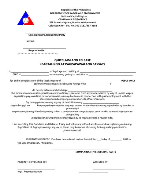 Dole Form Quitclaim Release Form Pdf Free Pdf Labor Relations Business
