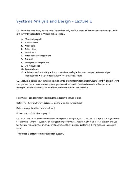 Systems Analysis And Design Workshop 1 Questions Part A In Class