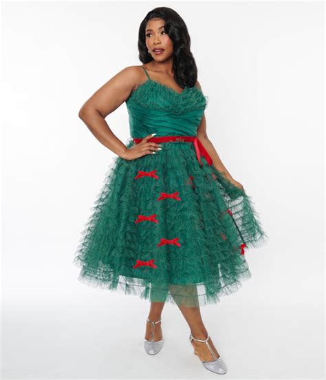 Unique Vintage Plus Size Emerald Green And Red Ribbon Tulle Cupcake Swin