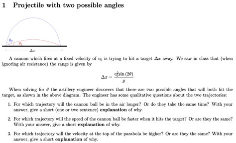 Solved 1 Projectile With Two Possible Angles 02 0 A C A