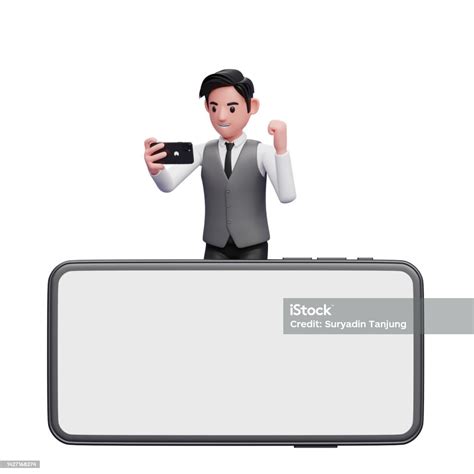 회색 사무실 조끼에 3d 사업가가 큰 전화 풍경 화면 뒤에 전화 화면을 보면서 축하하는 동안 공란에 대한 스톡 사진 및 기타
