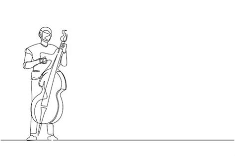 Músico Robot De Dibujo Continuo De Una Línea Tocando Contrabajo O