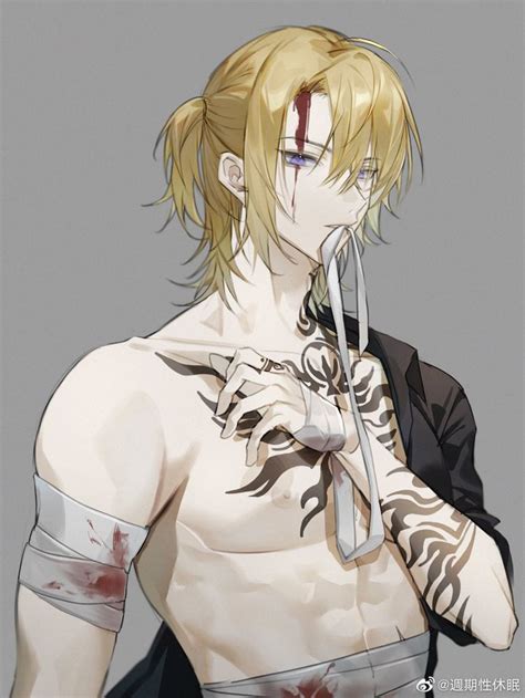 An Anime Character With Blonde Hair And Tattoos On His Chest Holding A