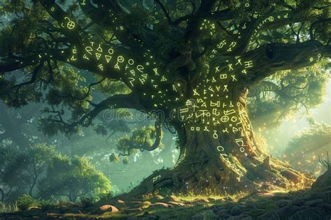An Ancient Tree With A Massive Trunk Covered In Various Numbers Carved