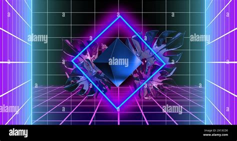 Image Of Interference Over Leaves And Neon Shapes On Black Background