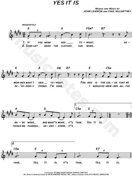The Beatles Yes It Is Sheet Music Leadsheet In E Major Download