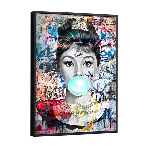 Quadro Decorativo Audrey Hapburn Chiclete Azul Sala Escritório Canvas