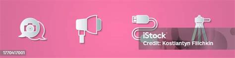 종이 절단 사진 카메라 소프트박스 조명 Usb 케이블 코드 및 삼각대 아이콘을 설정합니다 페이퍼 아트 스타일입니다 벡터 3차원