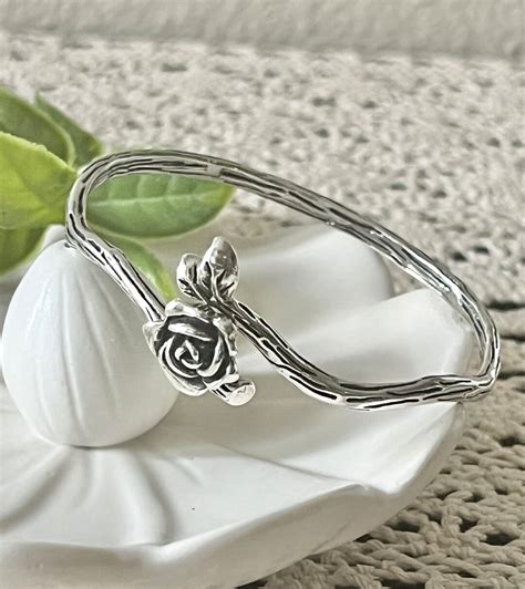 Rose Bud Stem Cuff Bracelet Rose Flower Bracelet Silver Etsy