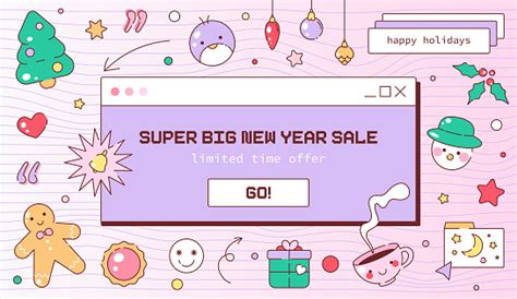 Y2k 새해 세일 배너 그루비한 70년대 색상의 빈티지 Pc 인터페이스 레트로 크리스마스 트리 눈사람 만화 디자인의 장식품 카드 포스터 및 복고풍 디자인 인사말 카드에