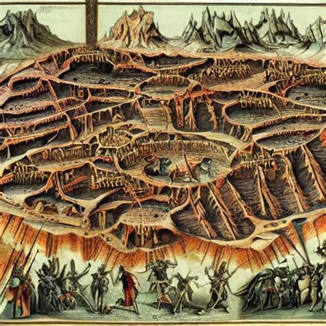 Detailed Map Of The Nine Layers Of Hell From Dantes Stable Diffusion