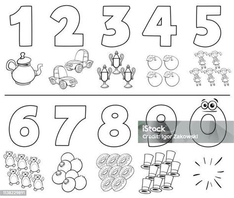 การ์ตูนตัวเลขชุดสมุดระบายสี ภาพประกอบสต็อก ดาวน์โหลดรูปภาพตอนนี้