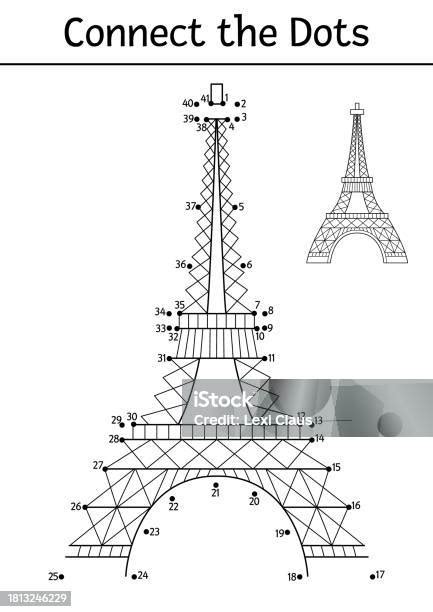 Eiffel Tower를 사용한 벡터 Dottodot 및 색상 활동 프랑스를 테마로 한 어린이를 위한 점 게임을 파리의 주요 랜드마크와 연결합니다 아이들을 위한 프랑스어