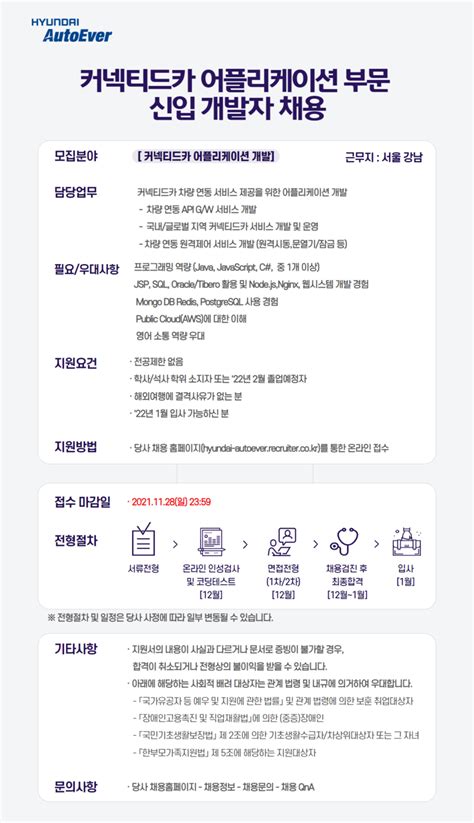 현대오토에버 채용공고 커넥티드카 어플리케이션 부문 신입 개발자 채용 2021년 채용