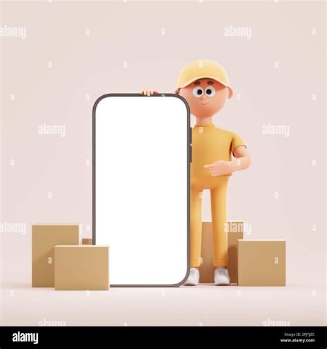 3d Rendering Cartoon Character Man Courier Finger Point At Large Mock