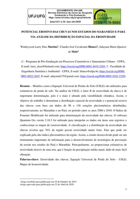 Pdf Potencial Erosivo Das Chuvas Nos Estados Do MaranhÃo E ParÁ Via