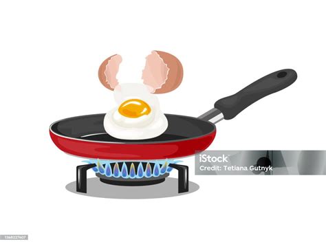 Memasak Telur Pecahkan Telur Ke Dalam Wajan Ilustrasi Vektor Memasak Di Atas Kompor Gas Kartun