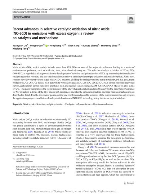 Recent Advances In Selective Catalytic Oxidation Of Nitric Oxide No Sco In Emissions With