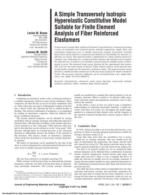 Pdf [brown] A Simple Trasnversely Isotropic Hyperelastic Model