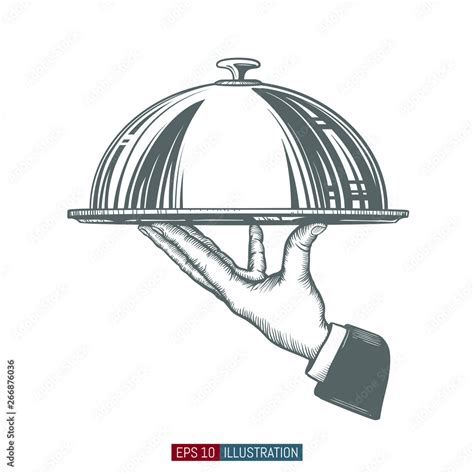 Hand Drawn Hand Holding Tray For Hot Dishes Engraved Style Vector