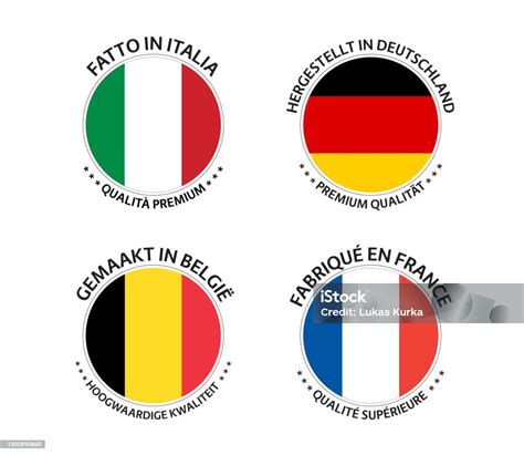 이탈리아어 독일어 벨기에 프랑스 스티커 4개 세트 이탈리아제 프랑스제 독일제 벨기에 제 흰색 배경에 플래그가 분리된 간단한 아이콘 경제에 대한 스톡 벡터 아트 및 기타