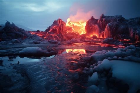 Premium Ai Image A Lava Flowing Into A Frozen Lake
