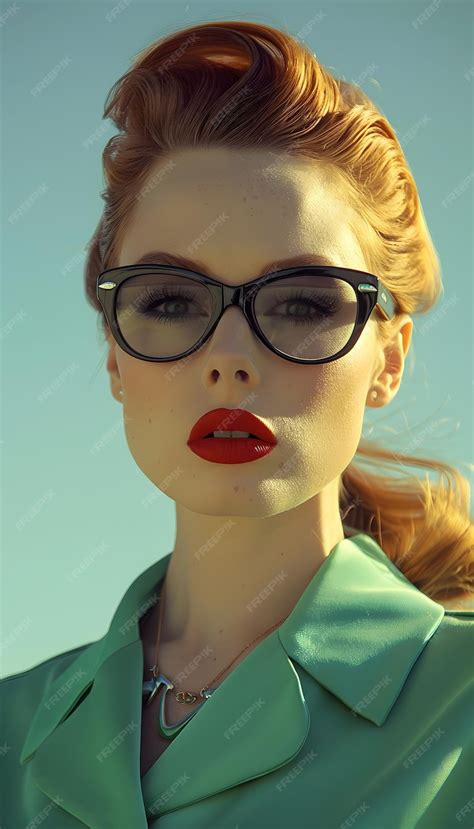 Premium Photo A Woman With Glasses And Red Lipstick Wears A Green Jacket