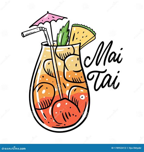 Mai Tai Summer Cocktail Flat Style Colorful Cartoon Vector