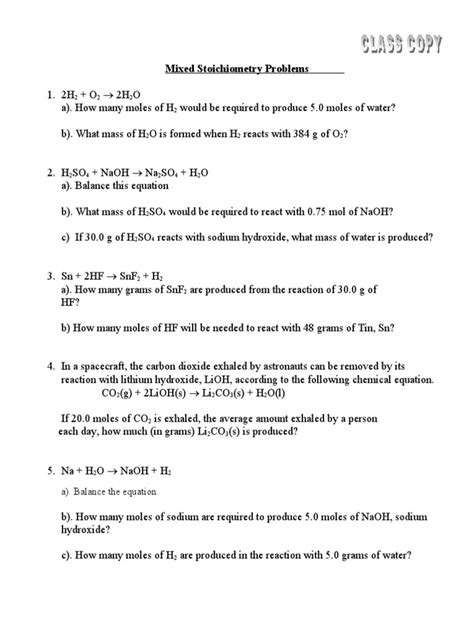 Mixed Stoichiometry Problems Pdf Sodium Hydroxide Mole Unit