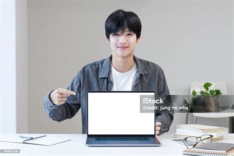 젊은 대학생이 캐주얼 한 옷을 입고 미소로 계획과 정보를 소개하고 노트북 화면에 손을 가리 킵니다 남자에 대한 스톡 사진 및 기타 이미지 Istock