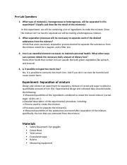 Lab Mixture Separation Docx Pre Lab Questions What Type Of Mixture S Homogeneous Or